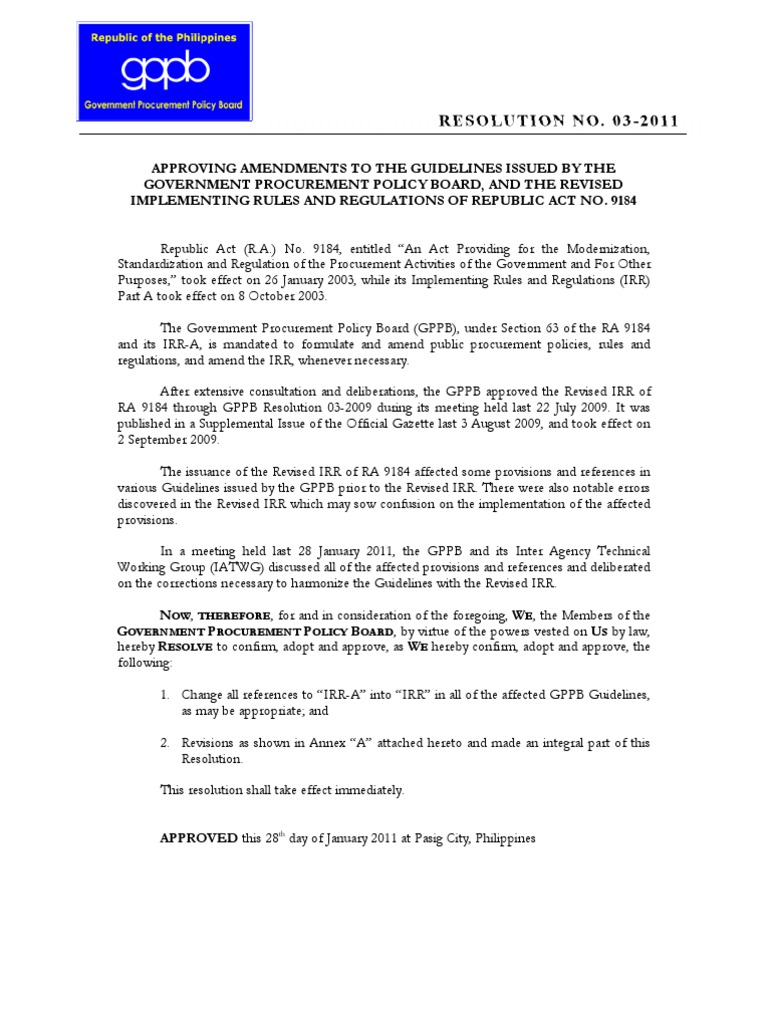 GPPB Resolution No. 03-2011 Amendments | PDF | Non Governmental Organization | Joint Venture