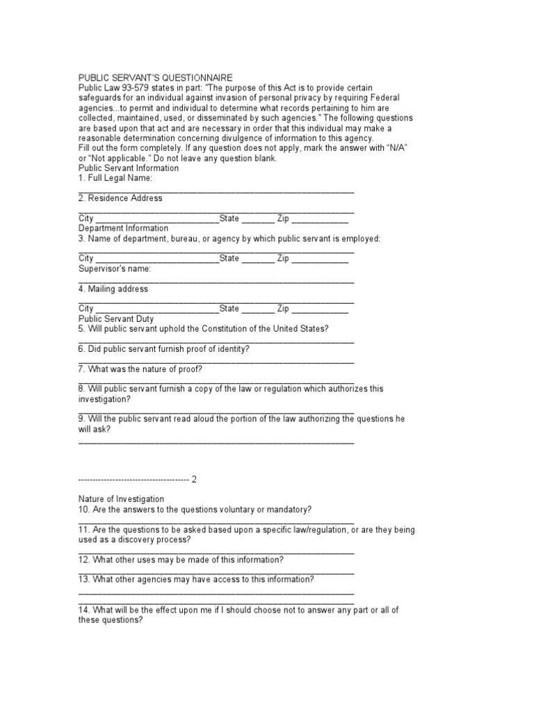 Public Servant Questionnaire Form | PDF | Civil Service | Oath Of Office