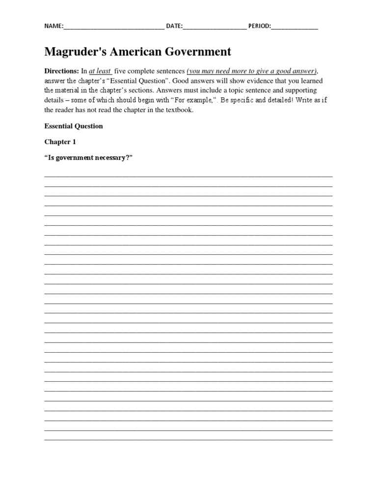 Chapter 1 - Essential Question Worksheet - Magruders' American ...