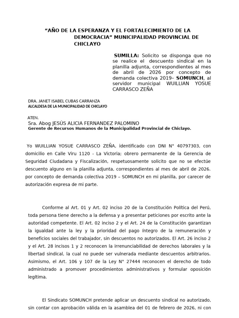 Solicitud de No Descuento Somunch Carrasco Zeña | PDF | Acción de clase ...