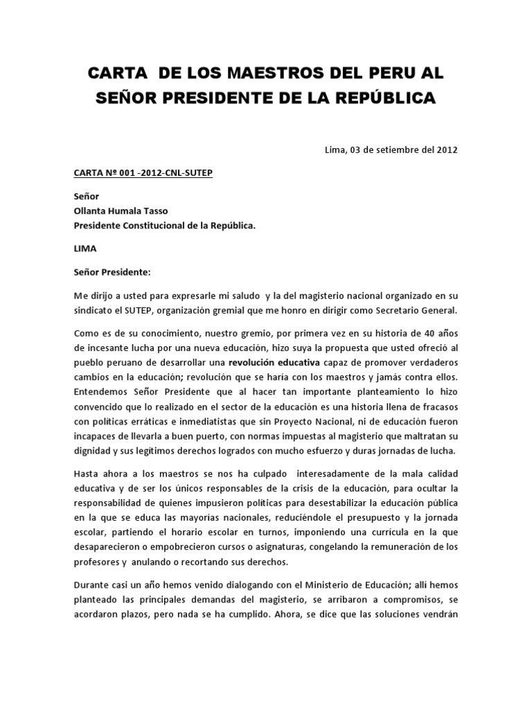 Carta Al Presidente de La Republica | Perú | Política Carta Al Presidente de La Republica | Perú | Política