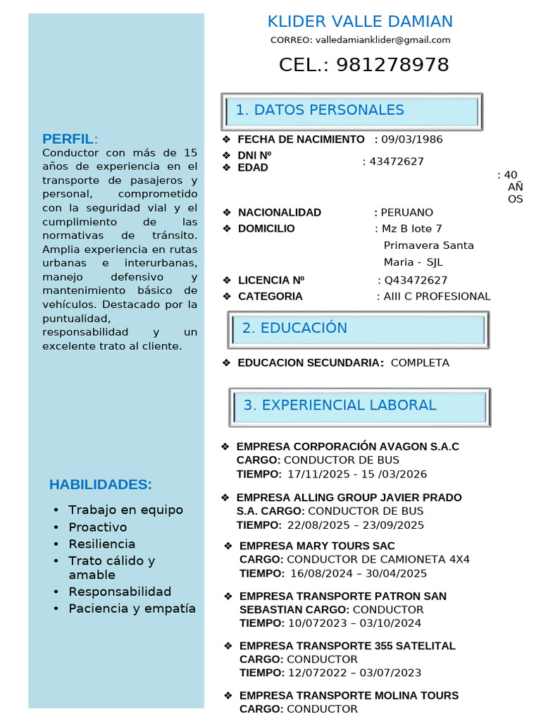 Cv _klider Valle Damian (1) | PDF | Transporte