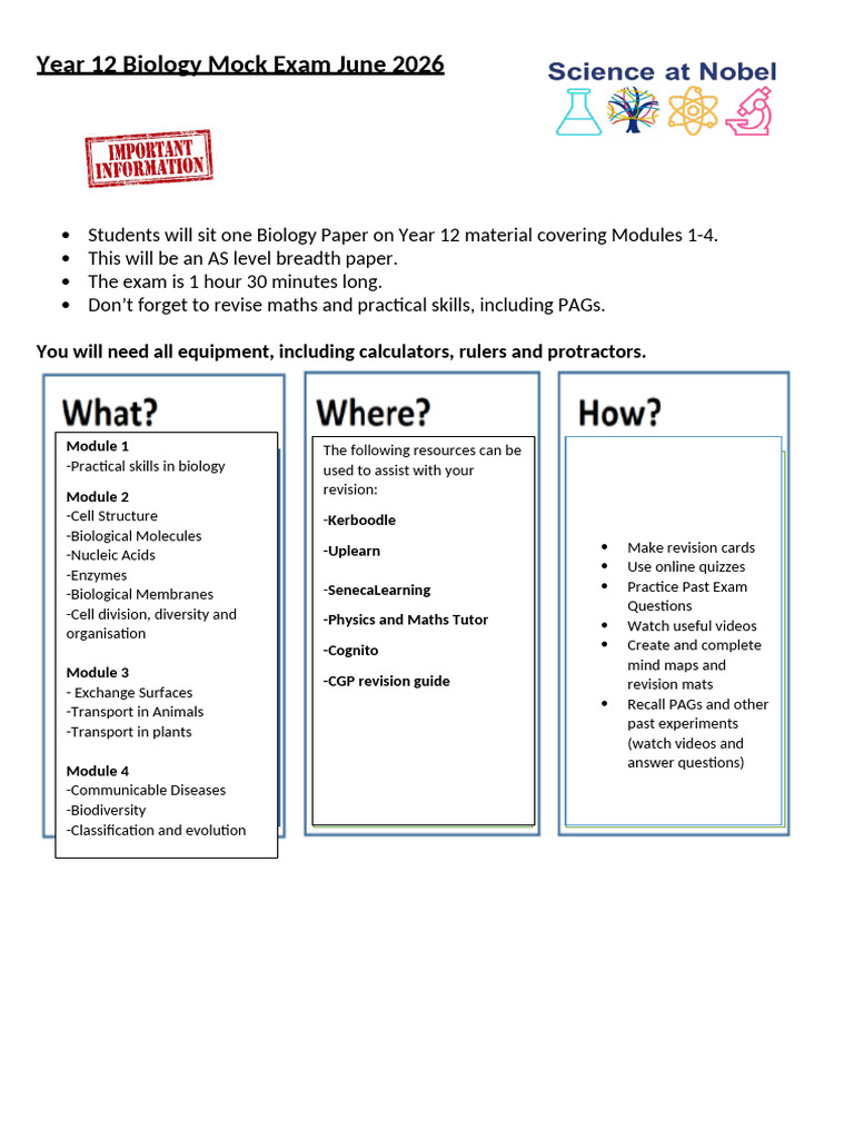 2026 Revision Leaflet Year 12 Mocks (1) | PDF | Biology | Life Sciences