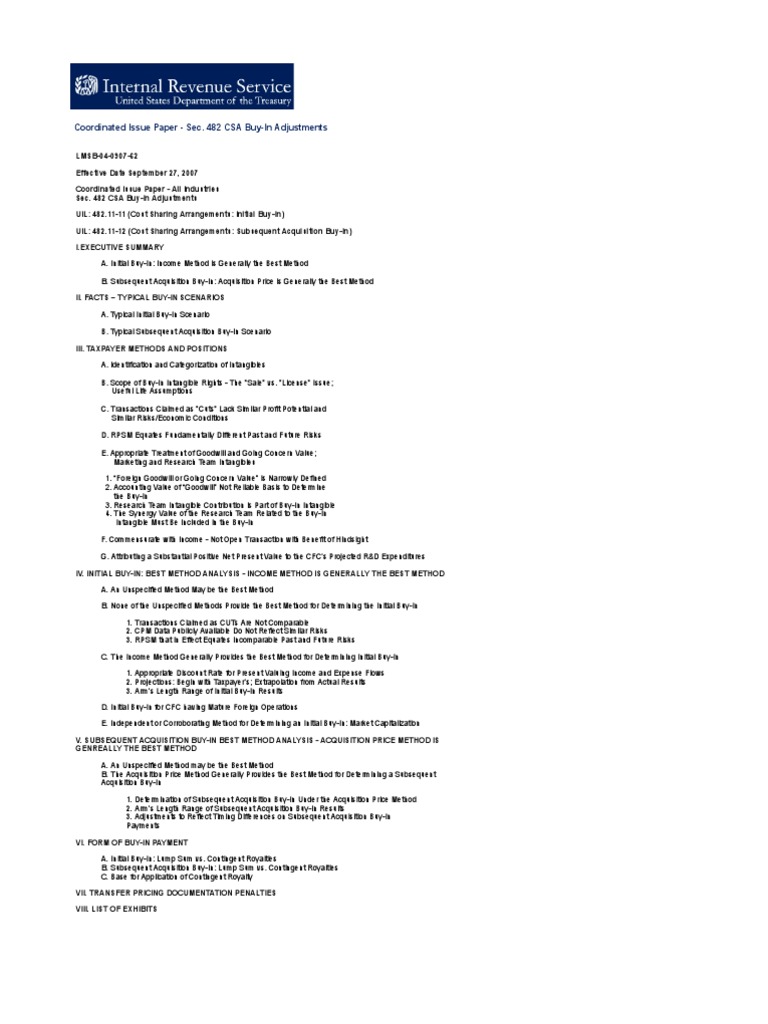 Sec. 482 CSA Buy-In Adjustment Guide | PDF | Goodwill (Accounting ...