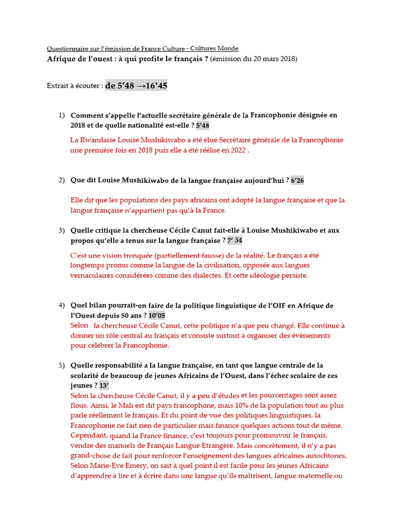 Corrigé Emission Cultures Monde | PDF