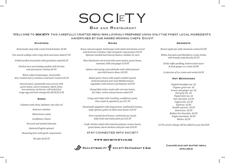 Society Restaurant Menu Overview | PDF | Salad | Cuisine