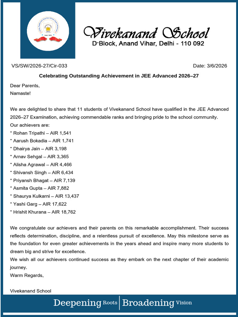 Celebrating Outstanding Achievement in JEE Advanced 2026–27 | PDF