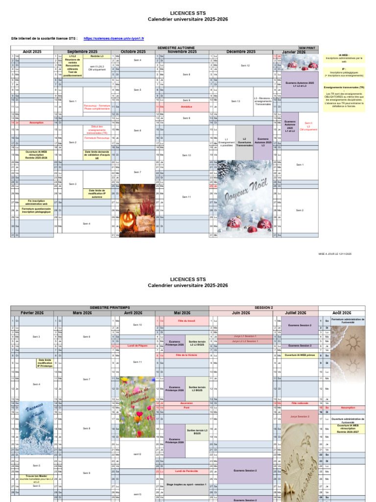 Calendrier Licence STS 2025-2026 MAJ Le 12.11.2025 | PDF