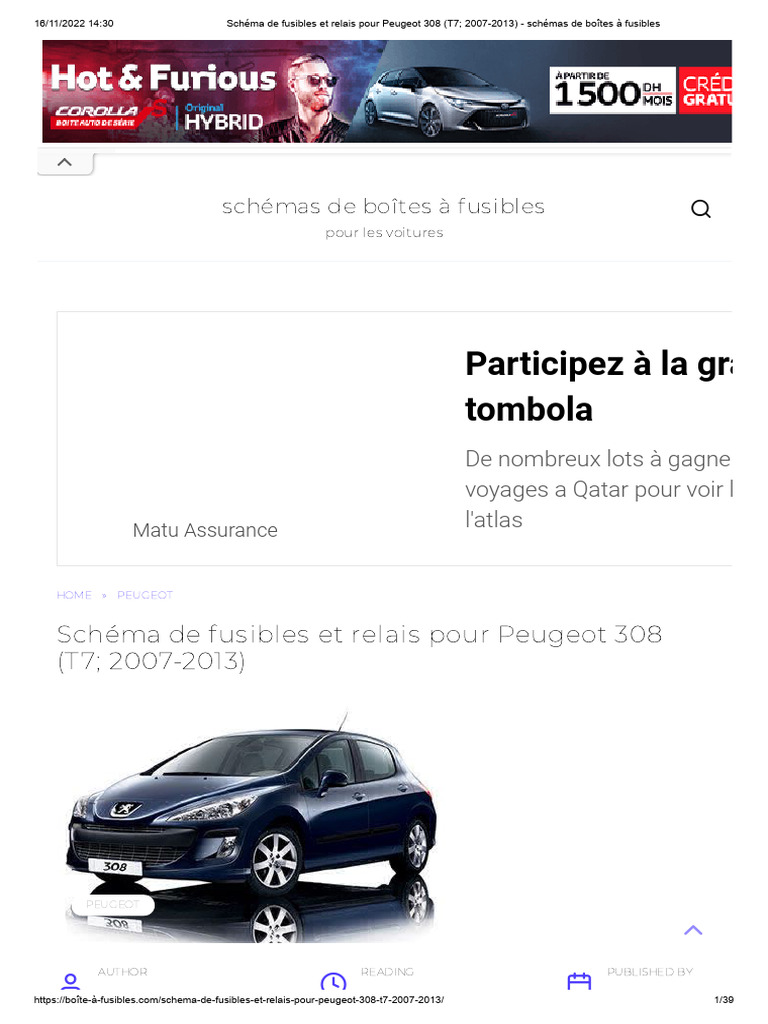 Schéma de fusibles et relais pour Peugeot 308 (T7; 2007-2013) - schémas ...