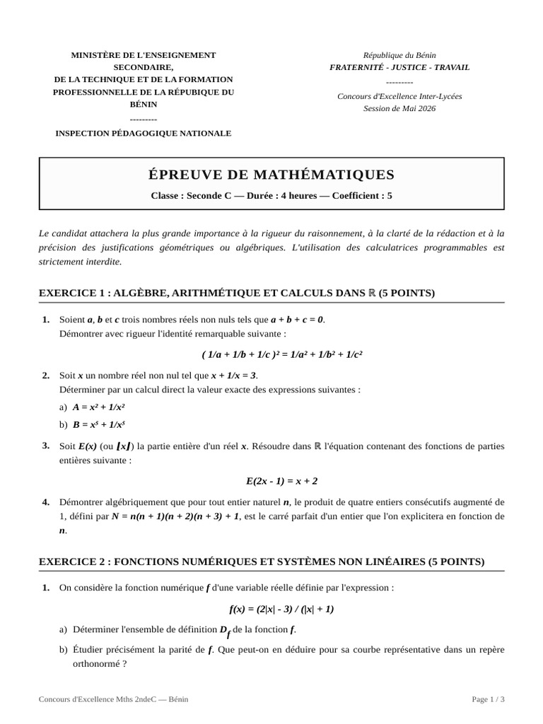 epreuve_mathematiques_secondeC | PDF | Triangle | Fonction (Mathématiques)