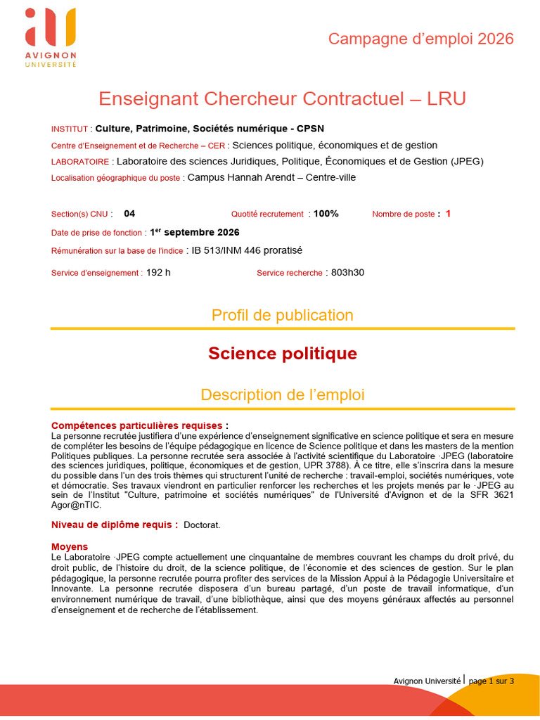Fiche de Poste - Lru 04 - Avignon Universite | PDF | Sciences ...