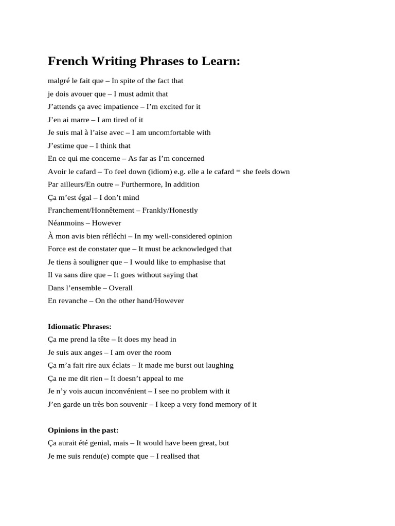 French Writing Phrases | PDF