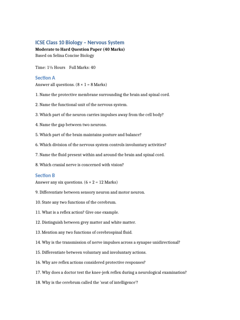 ICSE Nervous System 40 Marks | PDF
