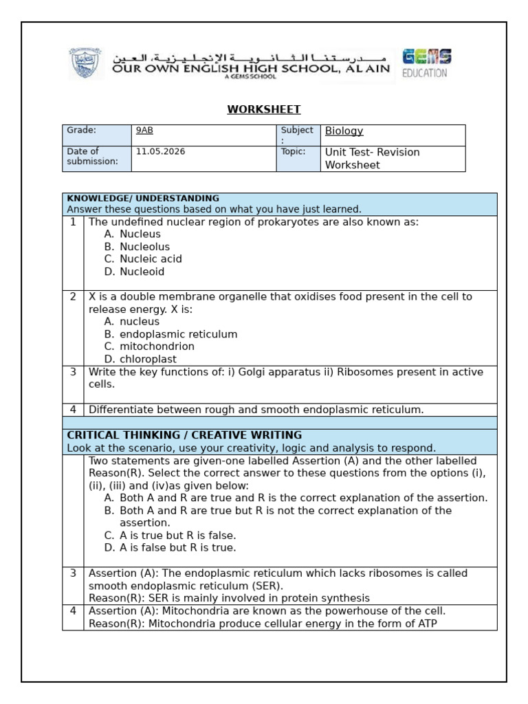 Grade 9AB- Unit Test-Revision Worksheet | PDF