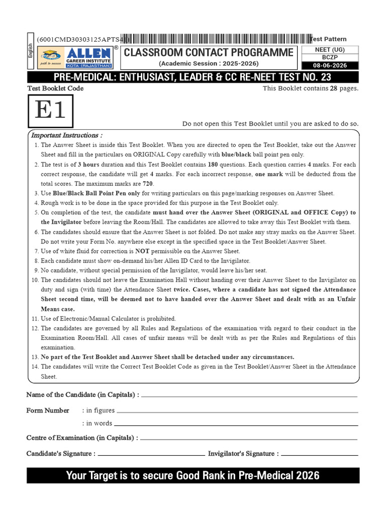 08-06-2026 Pre-medical Enthu_ Leader - Cc Re-neet Test No. 23 Bczp ...