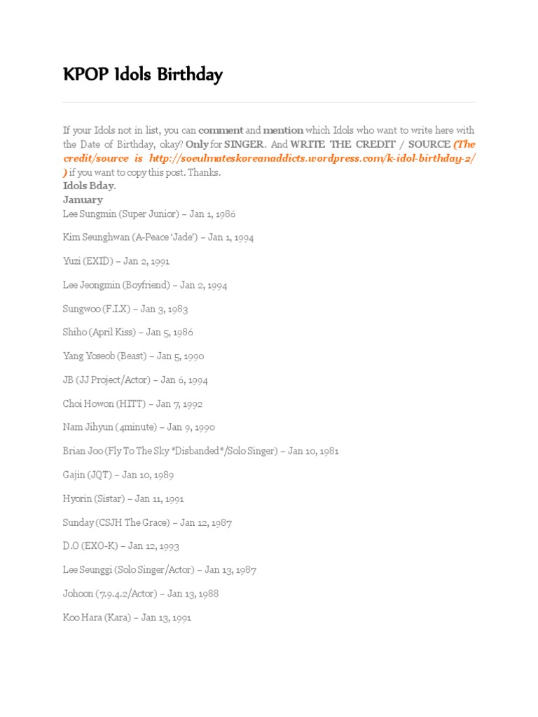 KPOP Idols Birthday | PDF | Artists | Entertainers