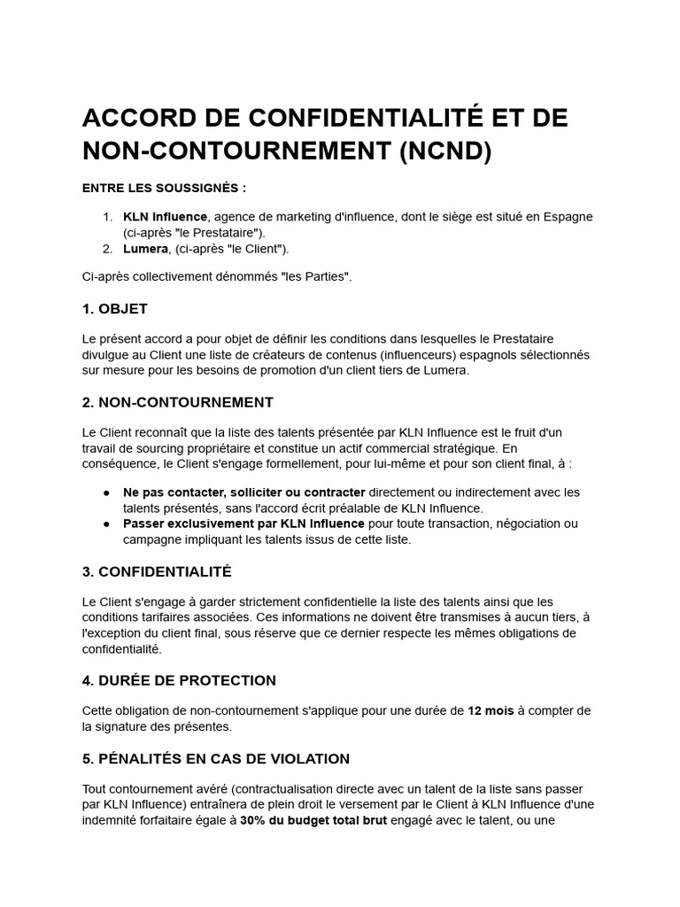 ACCORD DE CONFIDENTIALITÉ ET DE NON-CONTOURNEMENT (NCND) | PDF