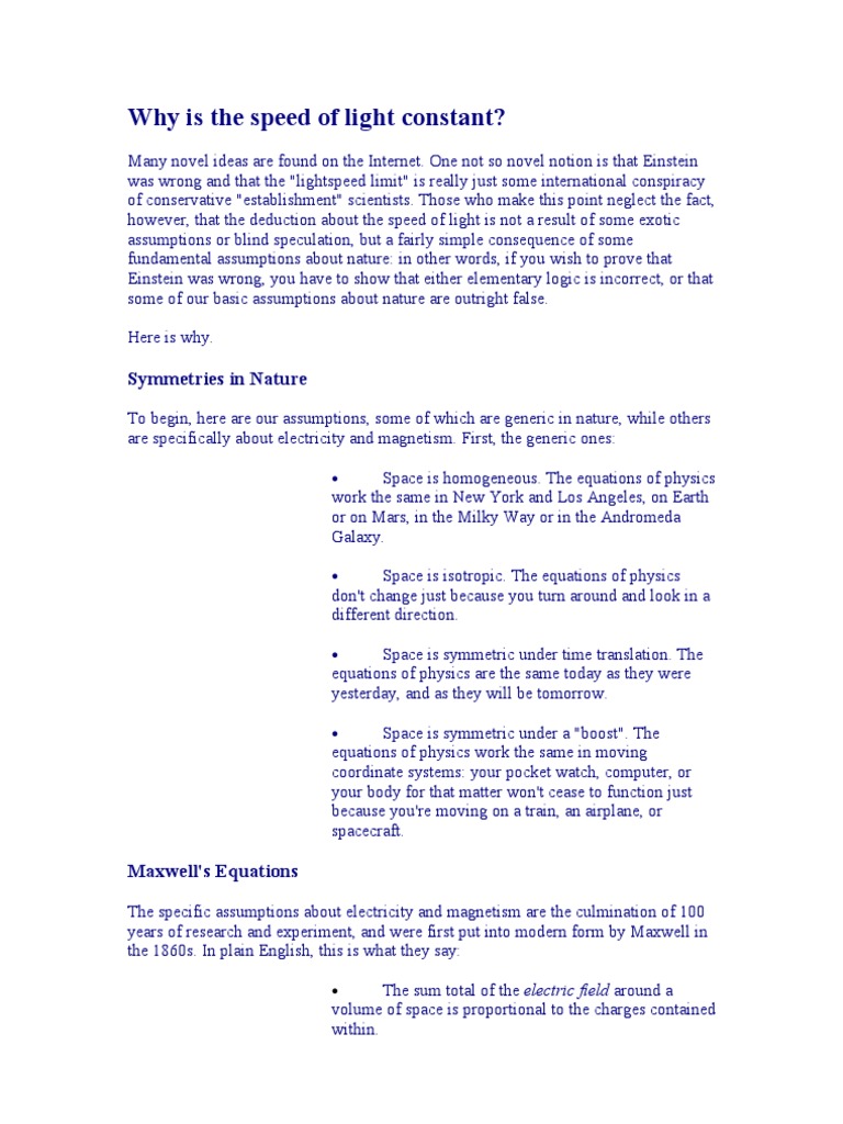 Why Is The Speed of Light Constant | PDF | Special Relativity | Divergence