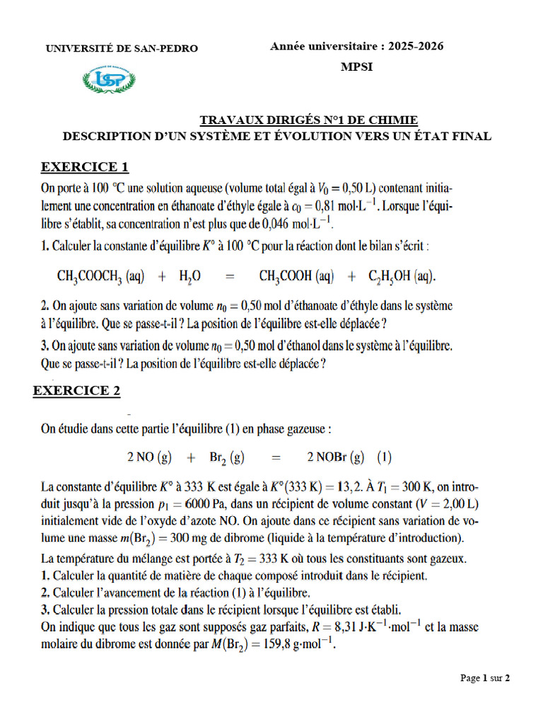 Td-système Et Évolution Vers Un État Final- Prepa-mpsi 2025-2026 | PDF