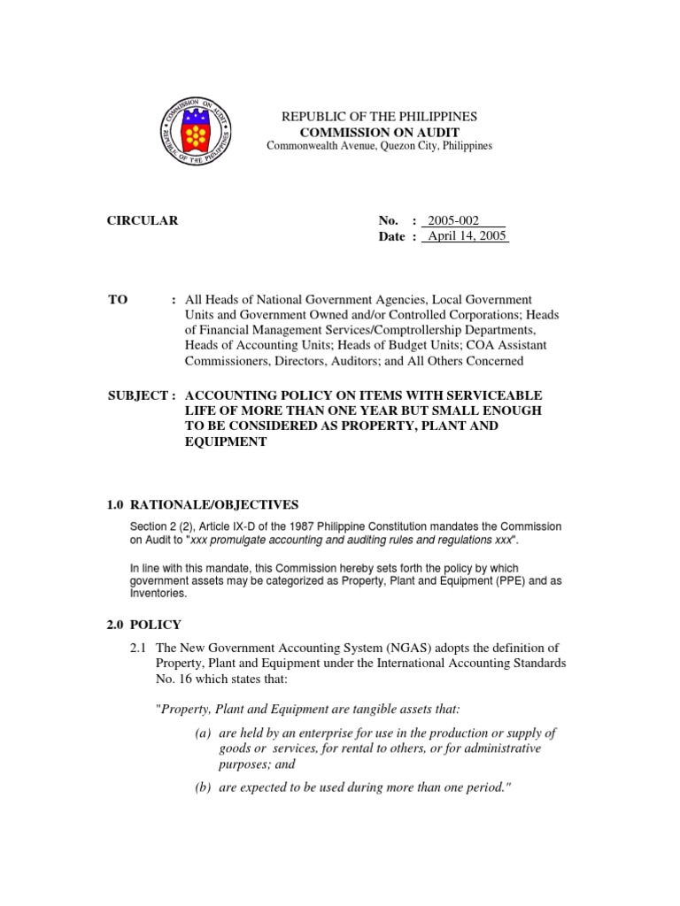 Coa Circular 2005-Oo2 | Fixed Asset | Accounting