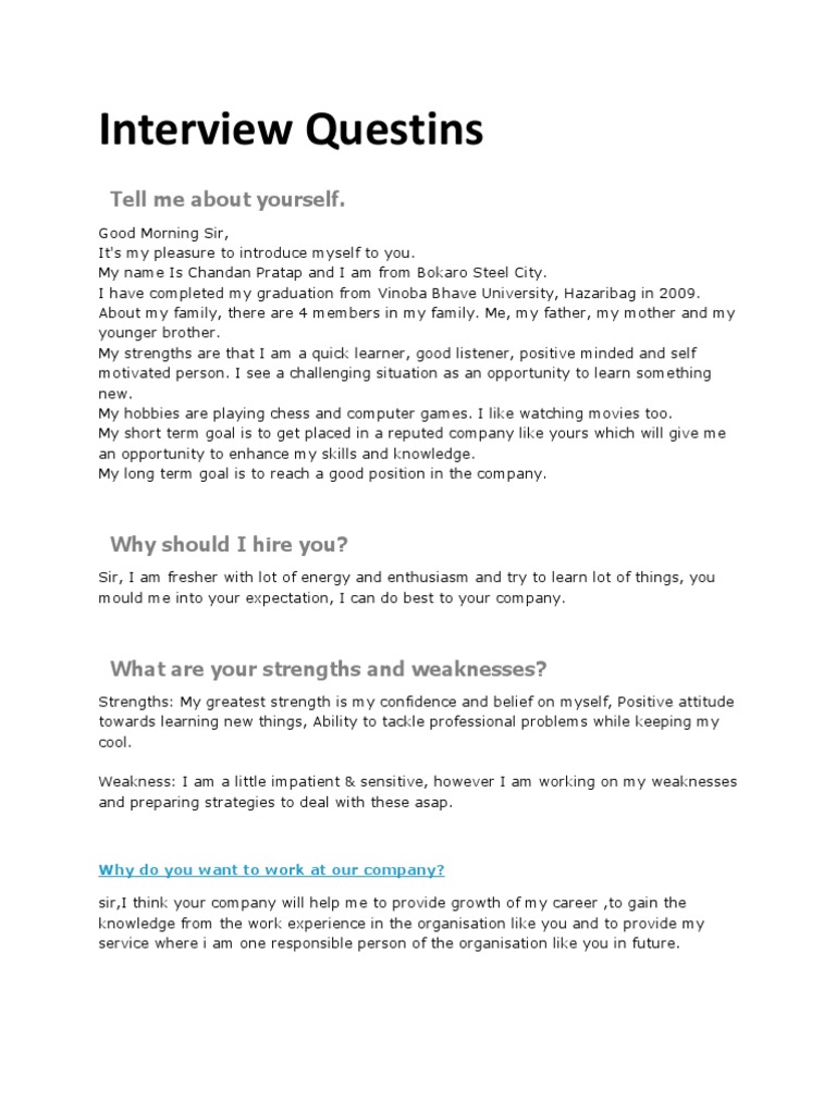 Interview Questins: Tell Me About Yourself | PDF | Salary | Psychology