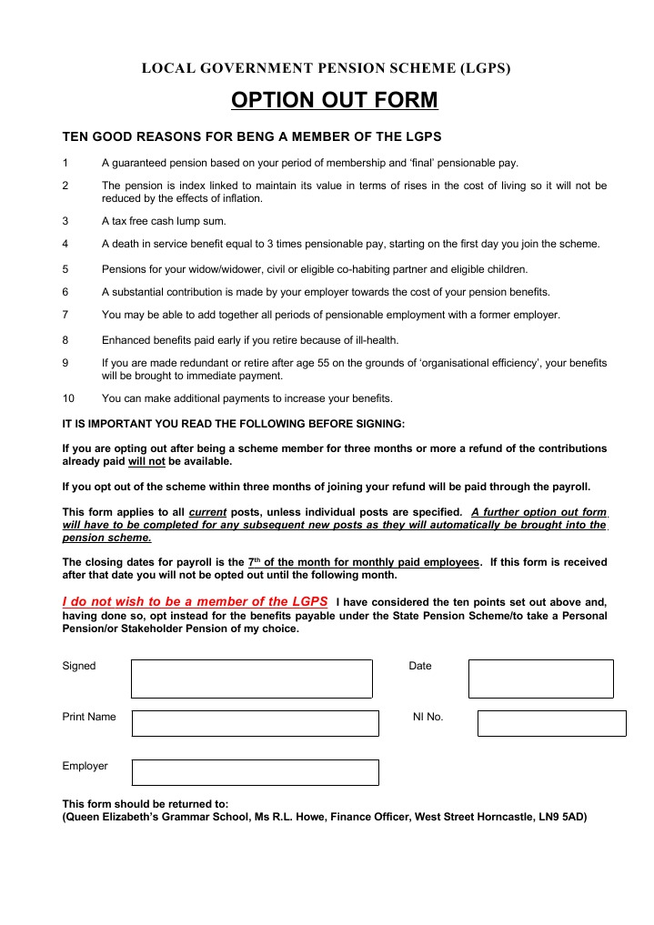 LGPS Opt-Out Form and Benefits Overview | PDF | Career & Growth ...
