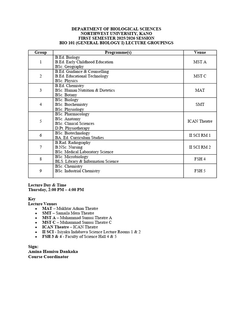 Bio 101 Lecture Grouping 2025 2026 | PDF