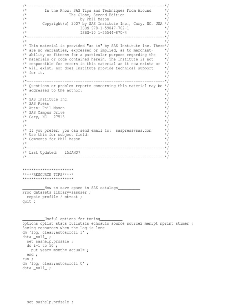 Sample Code Sas | Sas (Software) | Integer