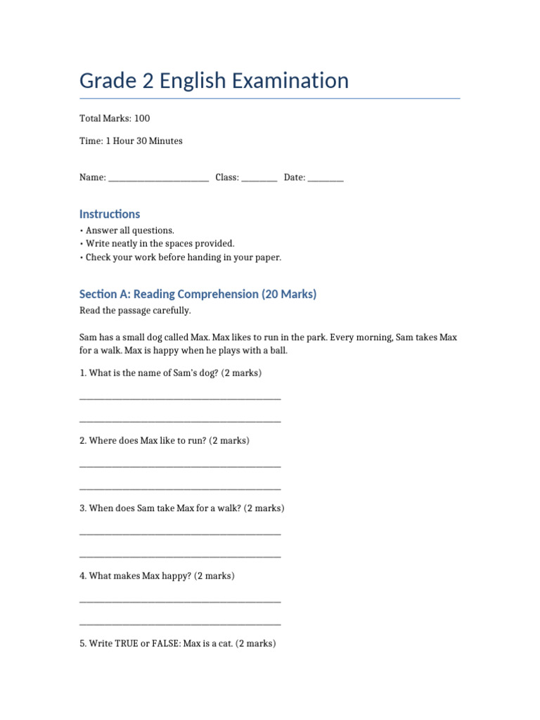 Grade 2 English Standard Edexcel IPC 100 Marks | PDF | Sentence ...