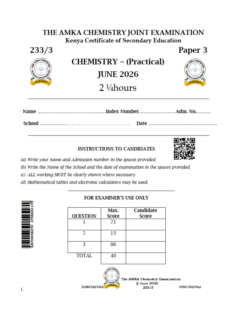 The Amka Chemistry Paper 3 Mock 2026 | PDF | Mixture | Water