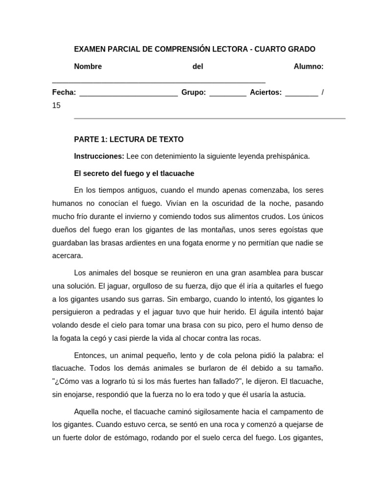 Examen Parcial de Comprensión Lectora Cuarto Grado | PDF | Incendios