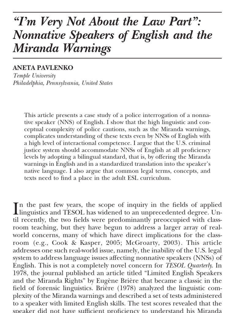 "I'm Very Not About The Law Part": Nonnative Speakers of English and The Miranda Warnings | PDF ...