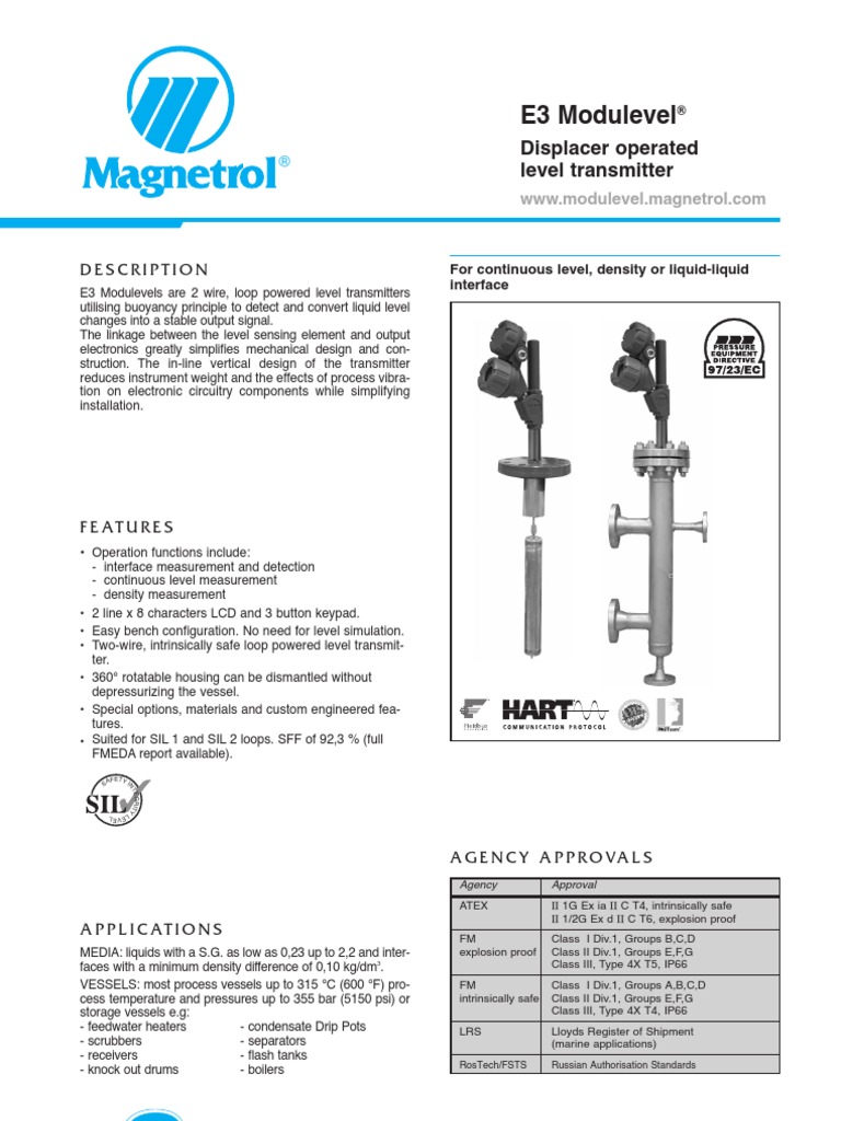 E3 Modulevel: Displacer Operated Level Transmitter | PDF | Electrical ...