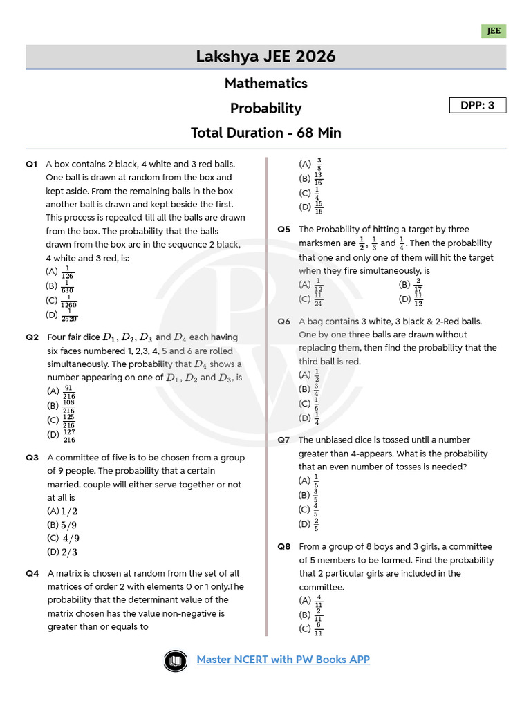 Probability _ DPP 03 (of Lec 09) __ Lakshya JEE 2026 | PDF ...