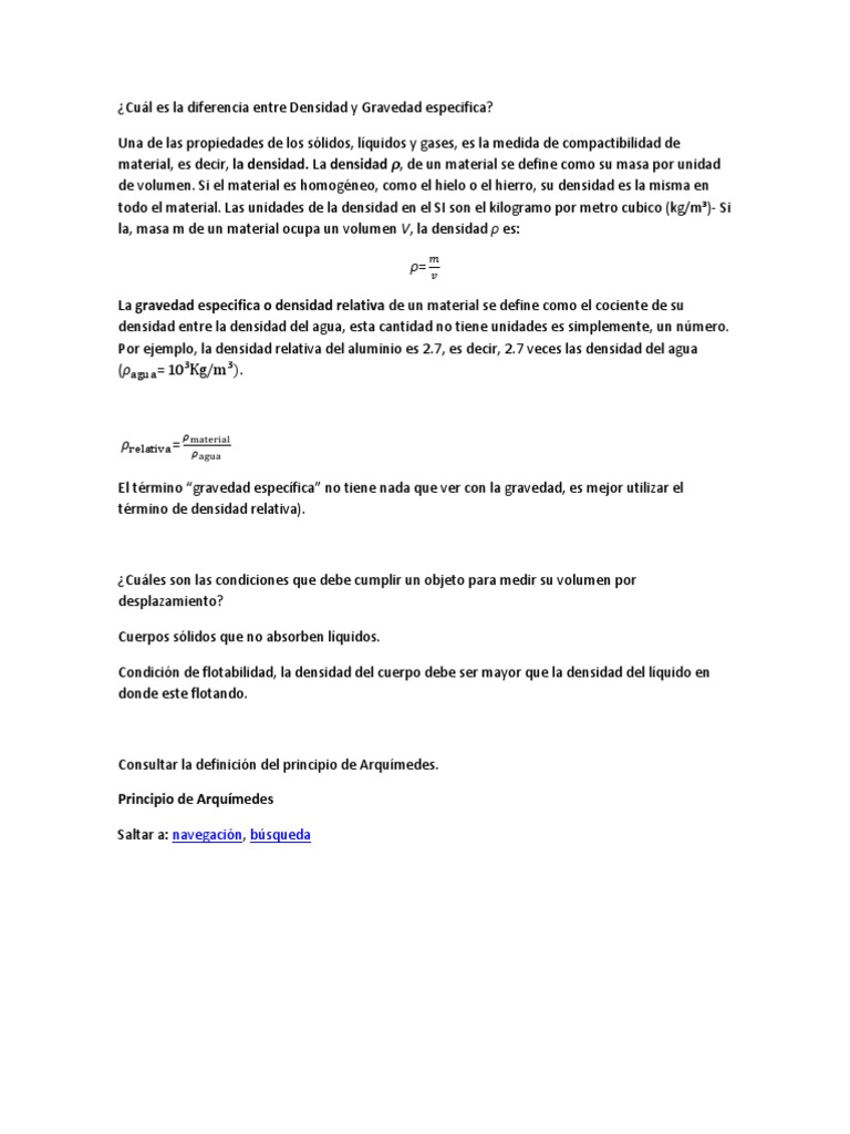 La diferencia entre densidad y densidad relativa y el principio de ...