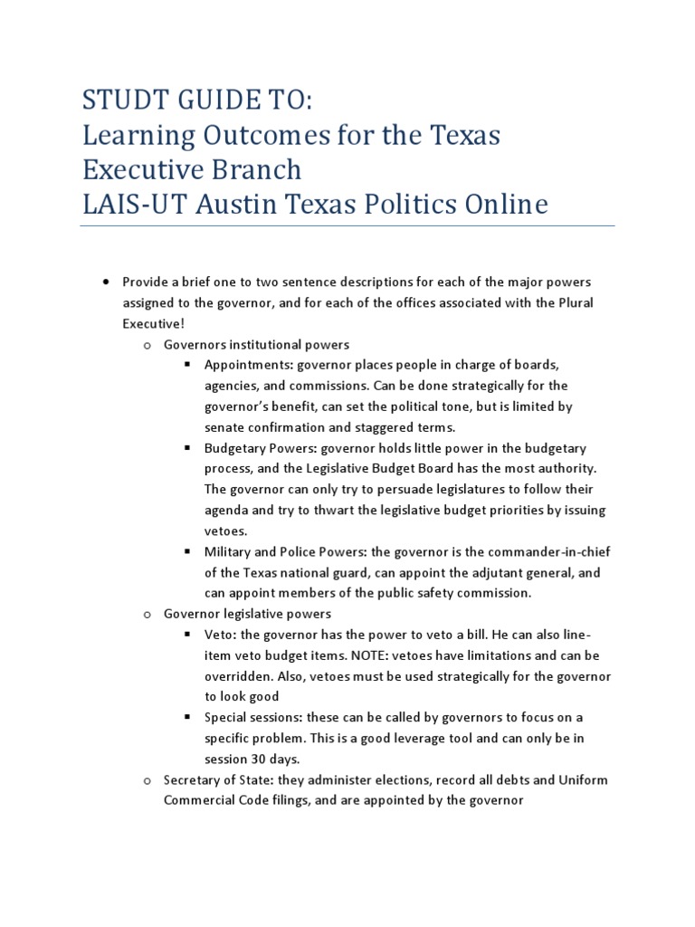 Learning Outcomes For The Texas Executive Branch | PDF | Governor | Pardon