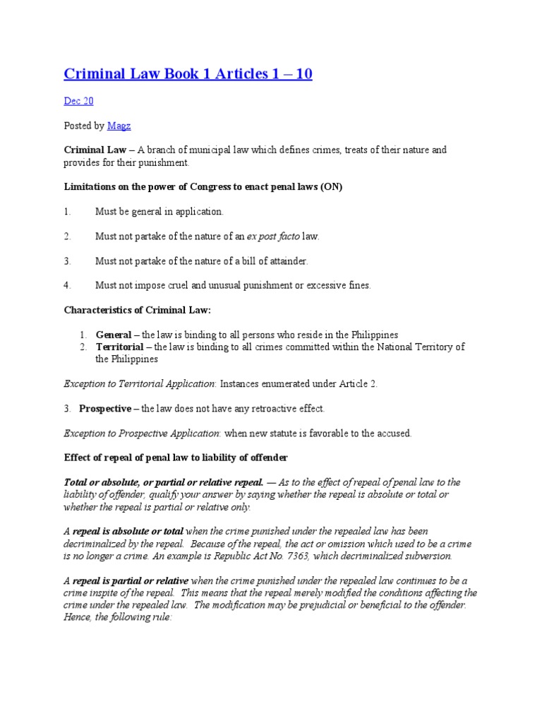 Criminal Law Book 1: Articles 1-10 Overview | PDF | Conspiracy ...