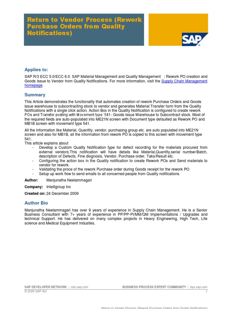 Sap Good Return To Vendor | PDF | Business Process | Email