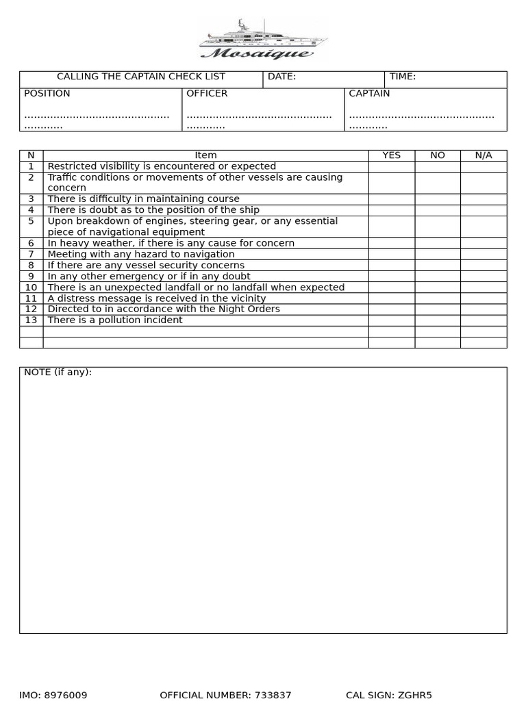 Calling the Captain Check List | PDF