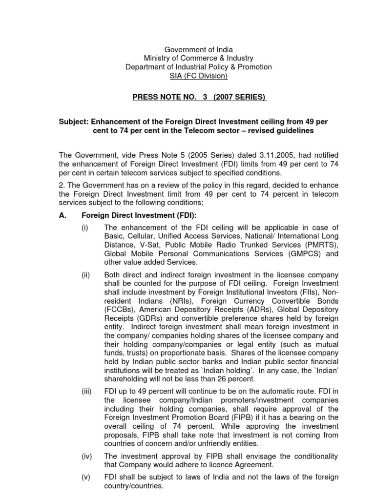 Press Note No.3-2007 Series | PDF | Foreign Direct Investment | Roaming