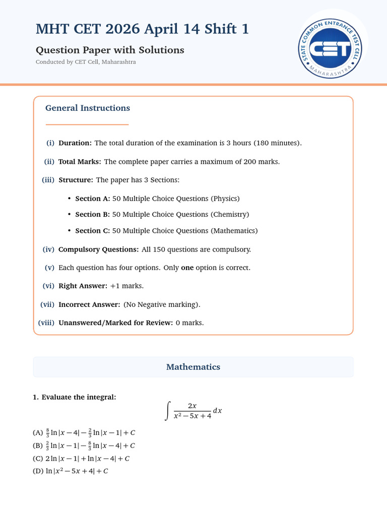 MHT CET 2026 April 1 Shift 1 Question Paper 1 ...