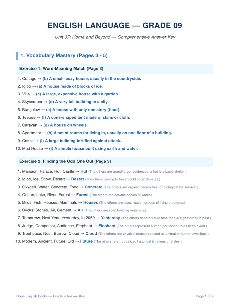 English Grade 9 Unit 7 Answer Key | PDF