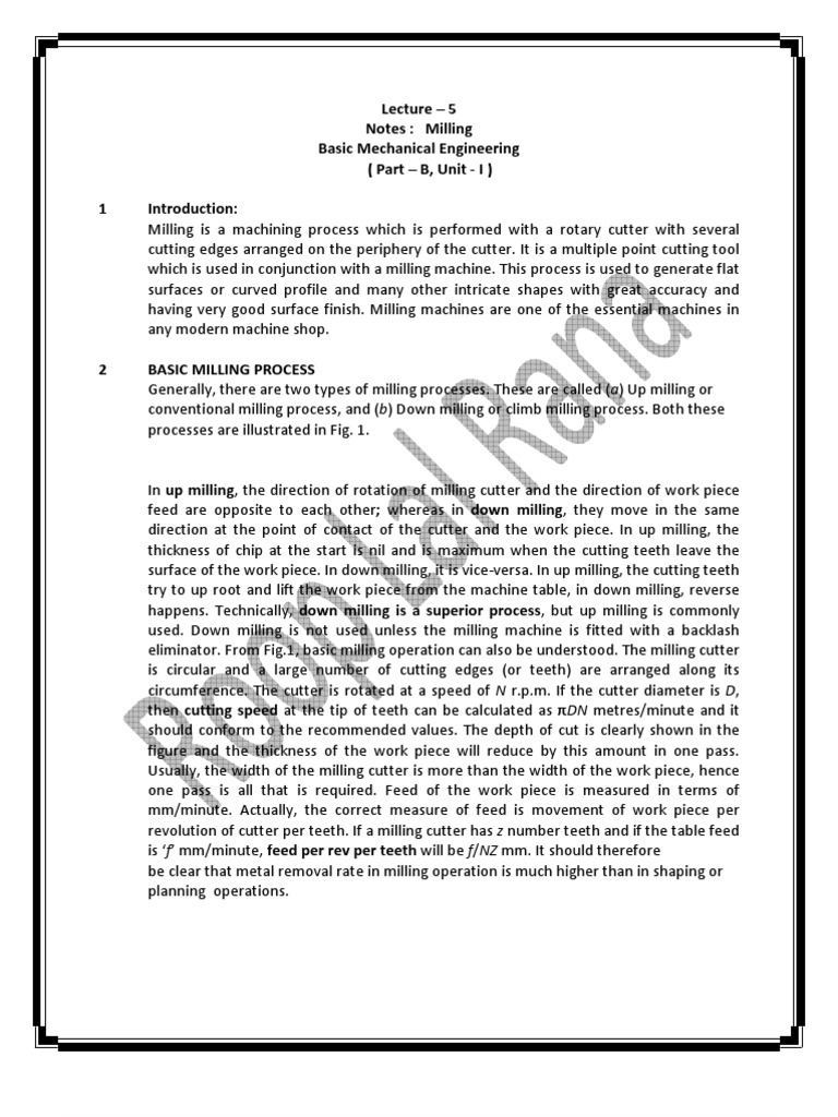 Lecture - 5 Notes: Milling Basic Mechanical Engineering (Part - B, Unit ...