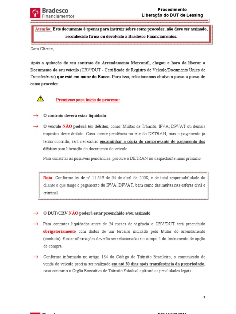 Instrucoes Procedimento Liberacao Do Dut | PDF | Leasing | Governo