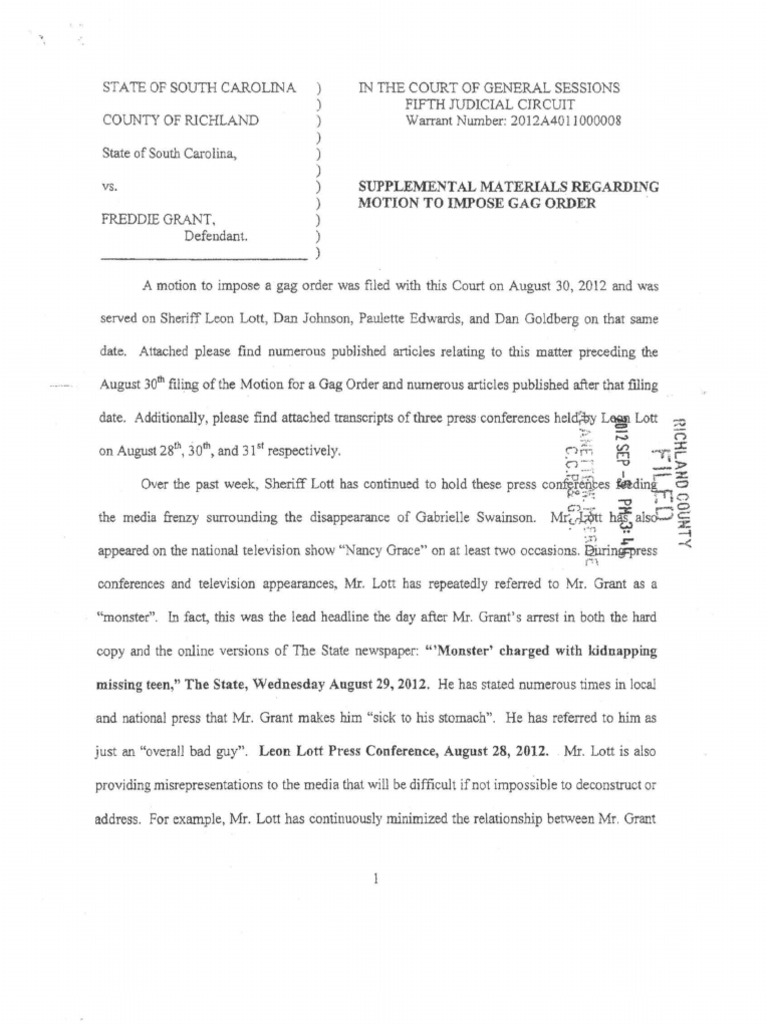 Motion For Gag Order by Freddie Grant | PDF | Prosecutor | Judiciaries
