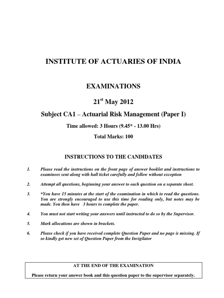 Ca1 Paper I Iai Qp 0512 Pdf Insurance Actuary