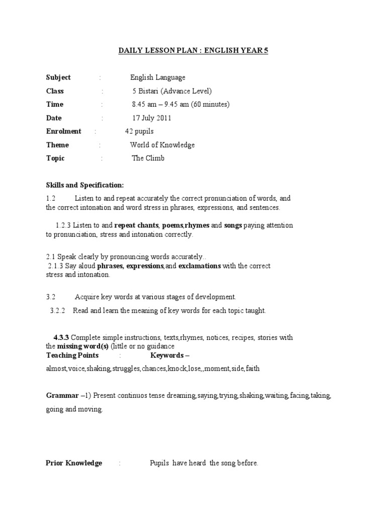Sample of English Lesson Plan 3 | PDF | Lesson Plan | English Language