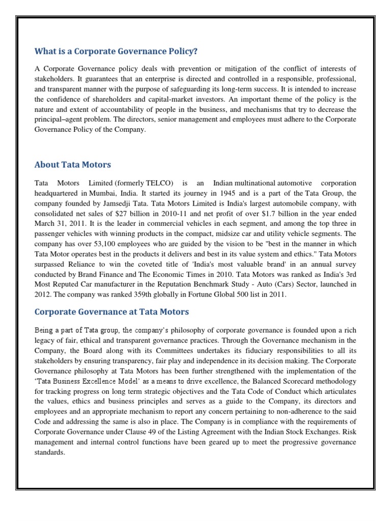 Tata Motors - Corporate Governance Policy | PDF | Corporate Governance ...