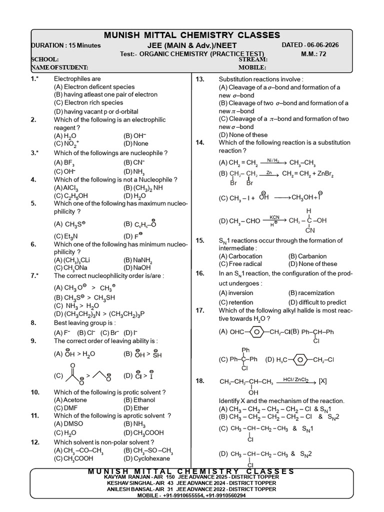 Organic Chemistry Practice Test-06!06!2026 | PDF | Chemical Reactions ...