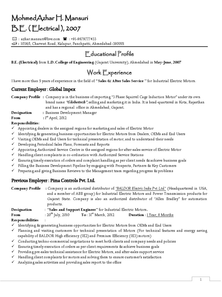 CV Azhar | PDF | Sales | Electrical Engineering